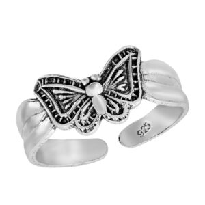 aeravida lively wonder butterfly detailed .925 sterling silver pinky or toe ring | adjustable toe rings | butterfly pink ring | pure silver toe rings for women