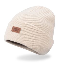 levi's unisex adult all season comfy leather logo patch cuffed hero beanie hat, cream solid