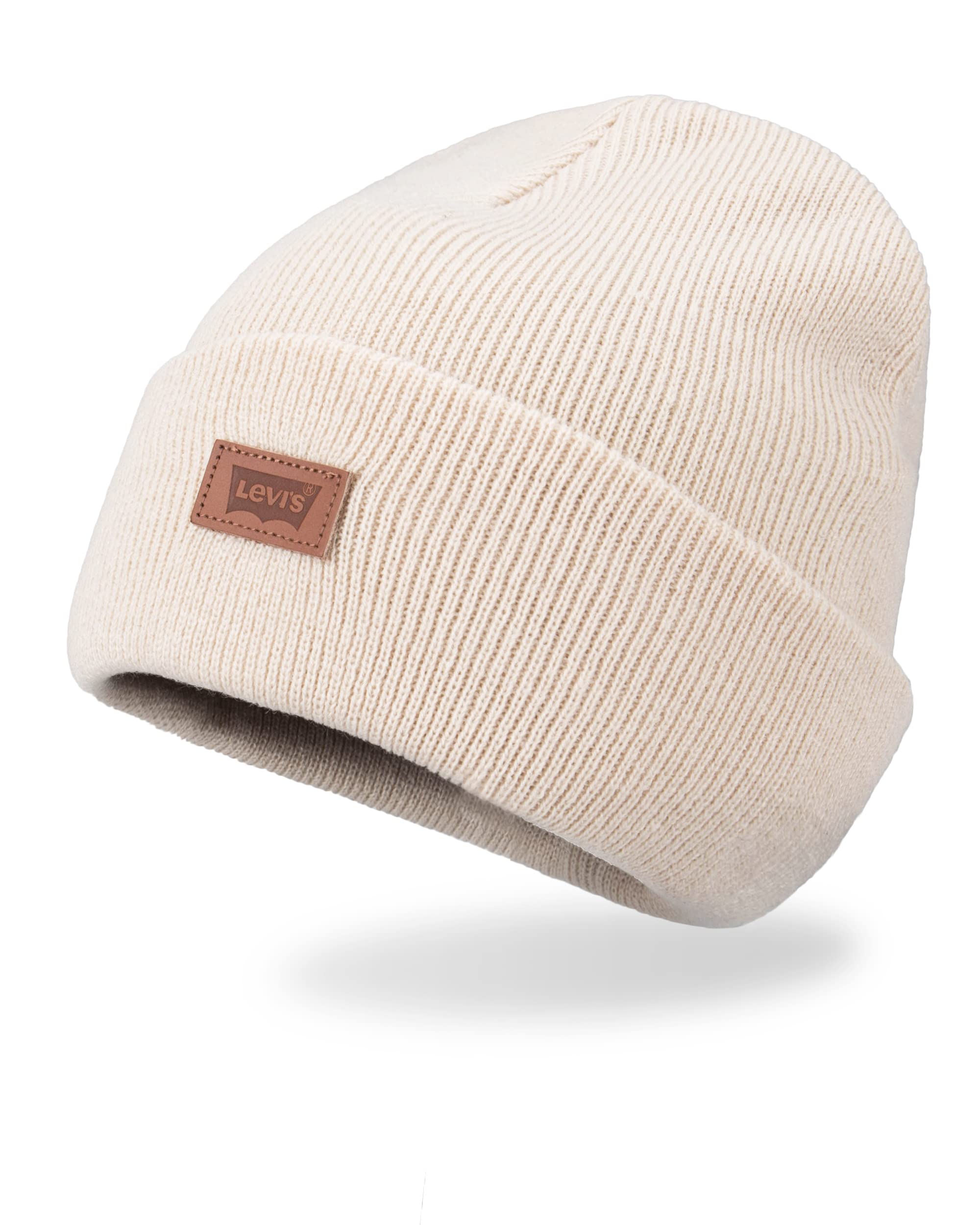 Levi's Unisex Adult All Season Comfy Leather Logo Patch Cuffed Hero Beanie Hat, Cream Solid