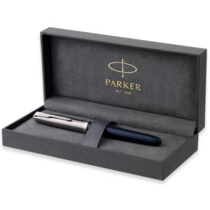 parker 51 fountain pen | midnight blue barrel with chrome trim | fine nib with black ink cartridge | gift box