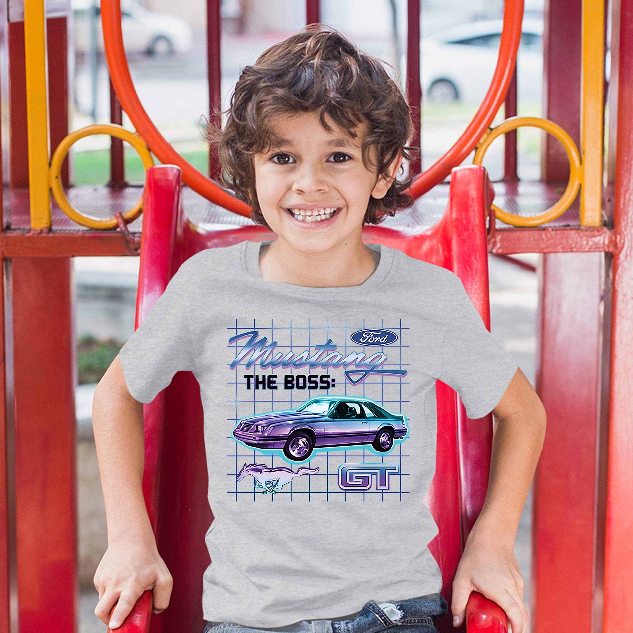 Ford Mustang GT The Boss Kid's T-Shirt Muscle Car Licensed Ford Boys Girls Tee Grey Small