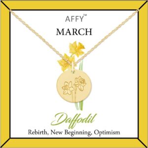 AFFY March Birth Month Daffodil Flower Disc Pendant Necklace In 18k Yellow Gold Plated Jewelry for Womens 18" Chain