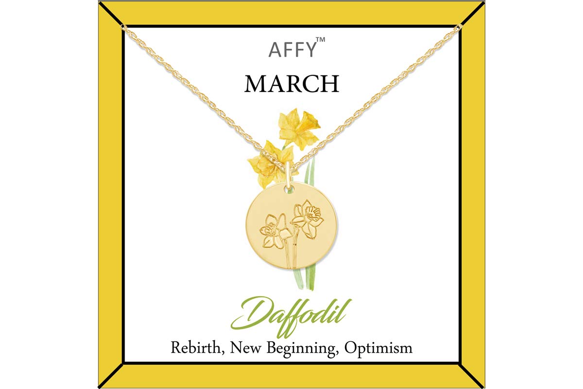 AFFY March Birth Month Daffodil Flower Disc Pendant Necklace In 18k Yellow Gold Plated Jewelry for Womens 18" Chain