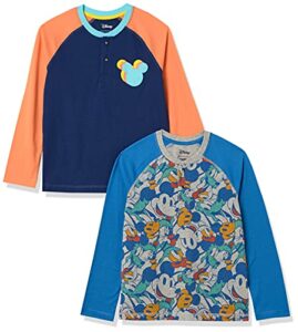 amazon essentials disney | marvel | star wars boys' long-sleeve henley t-shirts, pack of 2, mickey jumble, medium