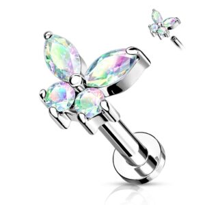 amelia fashion 16 gauge cz butterfly top on internally threaded 316l surgical steel flat back studs for labret, monroe, cartilage and more (8mm) (choose color) (aurora borealis)