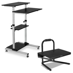 mount-it! mobile standing desk, height adjustable stand up computer work station and height adjustable foot rest with handle, six height settings, and anti-slip padded surface