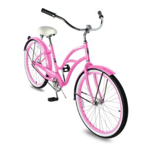 tracer taha beach cruiser bike for women,26 inch wheels,hi ten steel frame,1 speed,coaster brake,hybrid bike for adults,complete cruiser bikes,pink