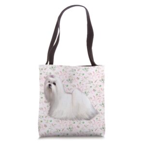 pretty maltese dog on pink pastel floral background tote bag