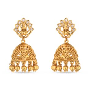 tarinika antique gold plated utash jhumkas with temple design - indian earrings for women | perfect for ethnic occasions | traditional south indian jewelry | 1 year warranty*