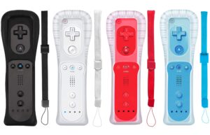 pgyfdal 4 packs classic remote controller compatible for wii wii u console, gamepad with soft silicone sleeve and wrist strap (black+white+red+blue)