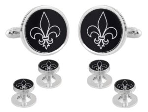 fleur de lys cufflinks and studs formal set tuxedo in a presentation gift box black fleur de lis silver round wedding