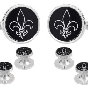 Fleur De Lys Cufflinks and Studs Formal Set Tuxedo in a Presentation Gift Box Black Fleur De Lis Silver Round Wedding