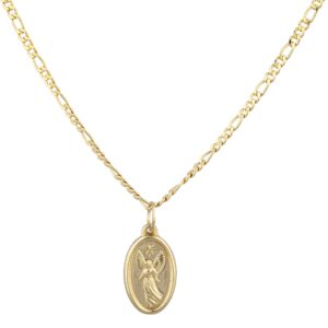 jotw 14k yellow gold oval guardian angel charm with 18 inch gold overlay figaro chain necklace bsg-58