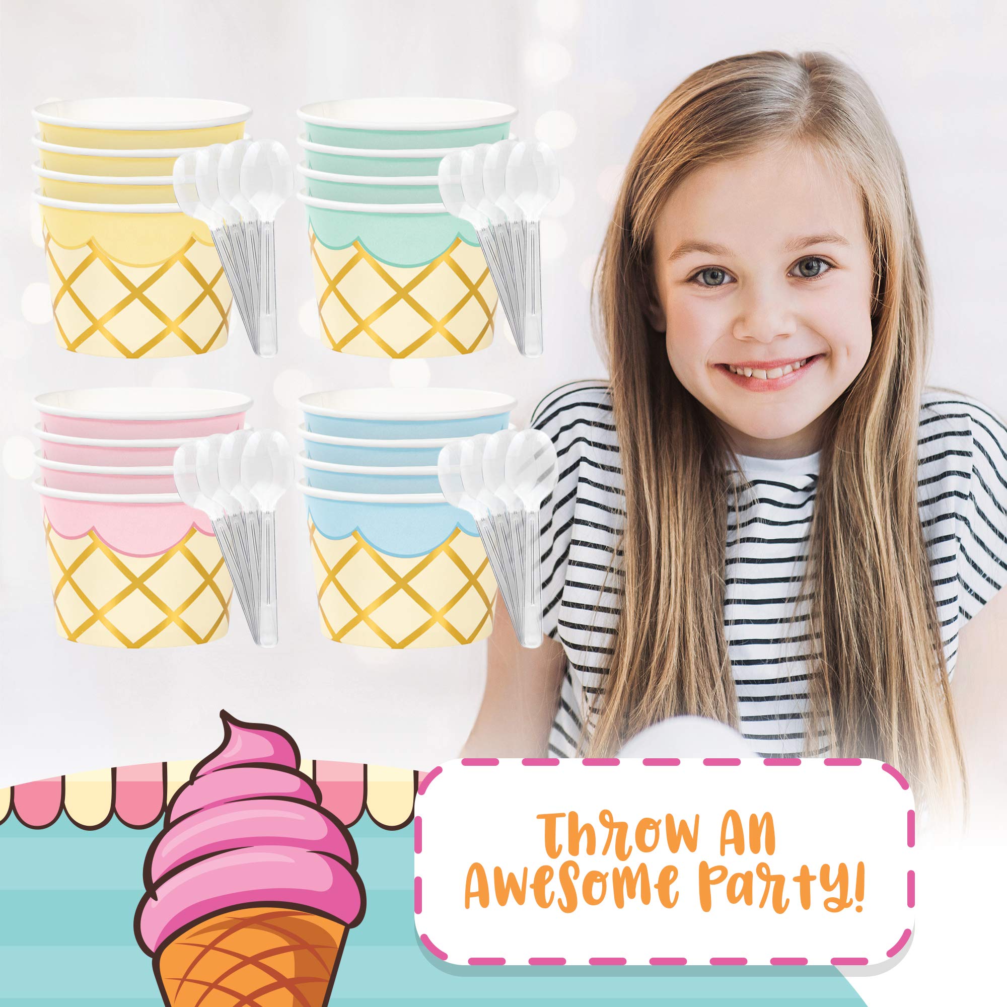 Creative Converting Ice Cream Party Treat Cups Bundle | 4 Colors of Cups & Spoons for 16 Guests | Birthday Party Supplies, Movie Night, School Church Events