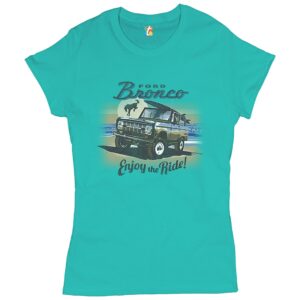 ford bronco women's novelty t-shirt enjoy the ride offroad suv licensed tee light blue small