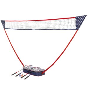 triumph sports patriotic portable badminton set with freestanding base sets up on any surface in seconds – no tools or stakes required, multi