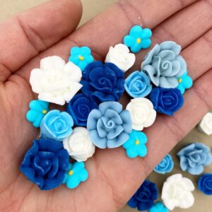 30 Azul Bloom Icing Flowers | Small Edible Flowers| Edible Roses| Blue Roses| White Icing Flowers | Sprinkles | Royal Icing Flowers | Blue Flowers | Blue Sprinkles | Simply Sucré