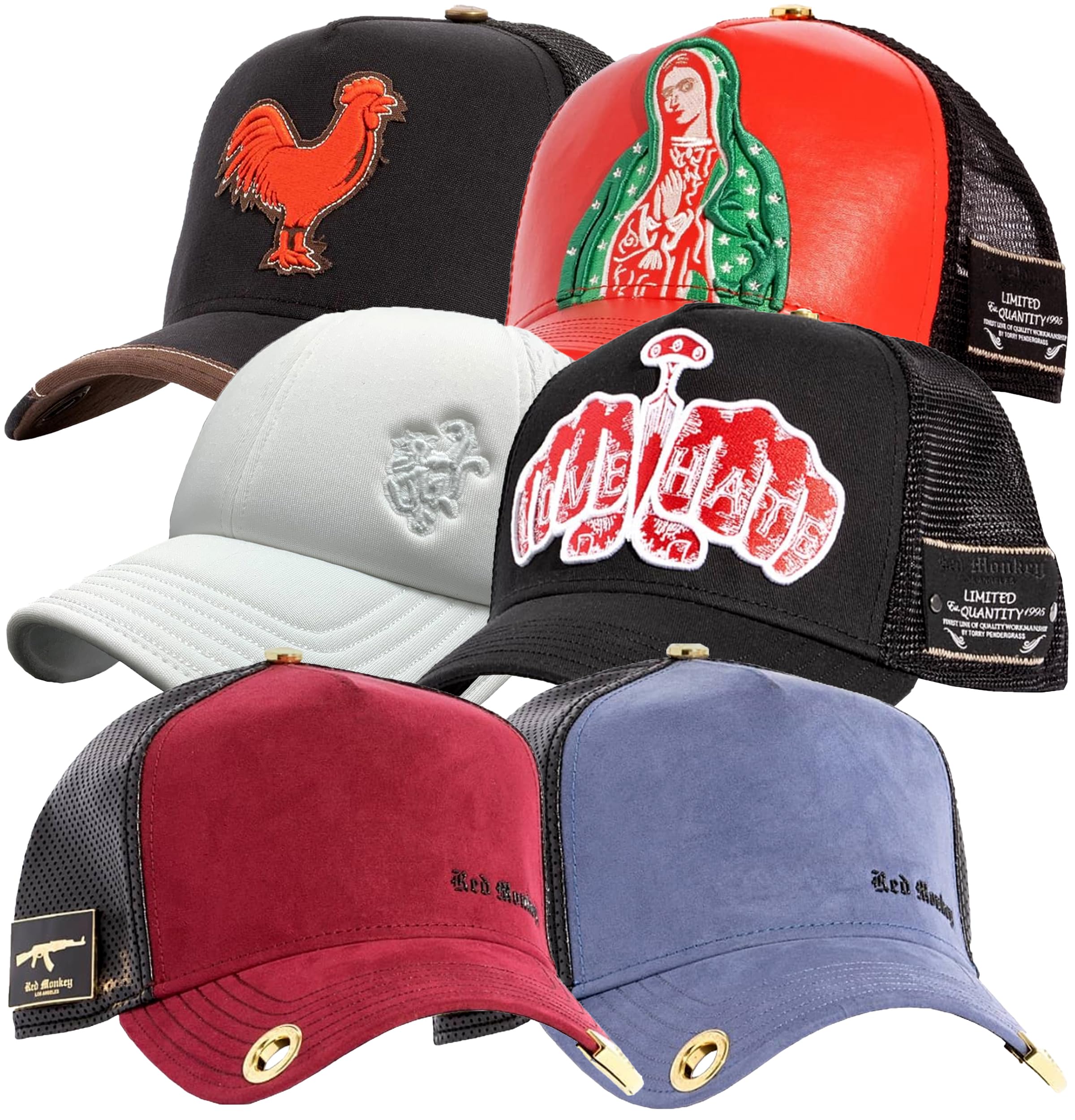 Red Monkey Designs 6 Hat Bundle 4 of Limited Edition Unisex Fashion Trucker Cap Hats + Free Bandanna.,Multicolor,One Size