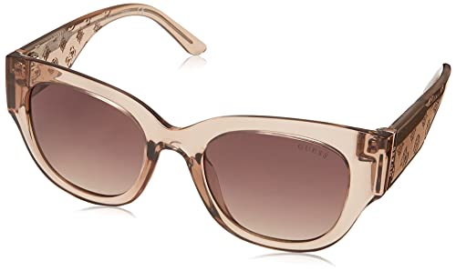 GUESS Women's Trendy Peony Pattern Accent Butterfly Sunglasses, Shiny Beige/Gradient Brown, 50mm