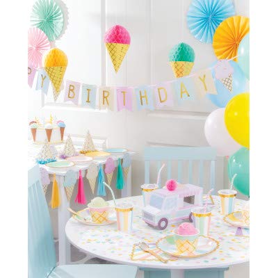 Ice Cream Social Party Decorations Bundle | Centerpiece, Hanging Ice Cream Cones, Banner, Tablecover, and Treat Cups for 8 People | Pastel Celebrations Design for Birthdays, Baby Shower, Sundae Funday