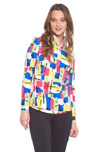 ibkul women’s sun protective upf50+ icefil tech mondrian print long sleeve mock neck top - 10854 multi mondrian m