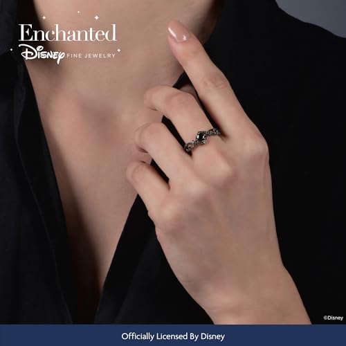 Jewelili Enchanted Disney Fine Jewelry Black Rhodium Over Sterling Silver 7x5MM Oval Black Onyx and 1/10 Cttw Diamonds Maleficent Ring