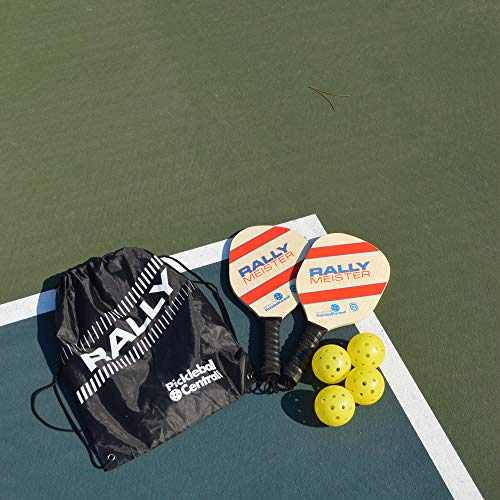 Rally Meister Beginner Wood Pickleball Paddle Set for 2 Players (2 Paddles + 4 Outdoor Pickleballs + Drawstring Bag + Rules/Strategy Guide)