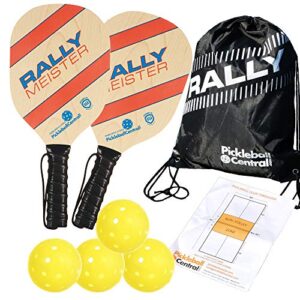 rally meister beginner wood pickleball paddle set for 2 players (2 paddles + 4 outdoor pickleballs + drawstring bag + rules/strategy guide)