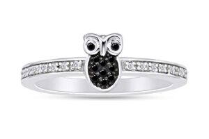 affy 1/10 carat cttw round cut black and white natural diamond owl ring in 14k white gold over sterling silver (0.10 cttw, i2-i3 clarity)