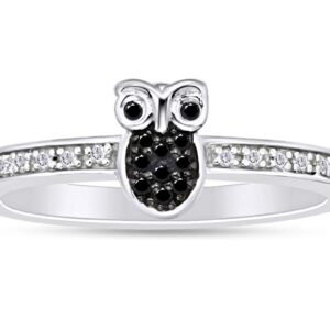 AFFY 1/10 Carat CTTW Round Cut Black And White Natural Diamond Owl Ring In 14K White Gold Over Sterling Silver (0.10 Cttw, I2-I3 Clarity)