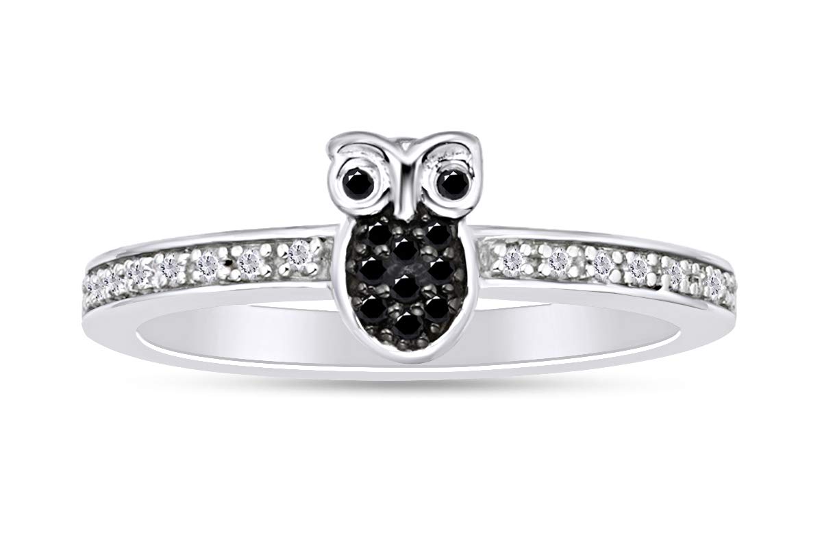 AFFY 1/10 Carat CTTW Round Cut Black And White Natural Diamond Owl Ring In 14K White Gold Over Sterling Silver (0.10 Cttw, I2-I3 Clarity)