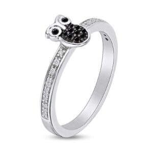 AFFY 1/10 Carat CTTW Round Cut Black And White Natural Diamond Owl Ring In 14K White Gold Over Sterling Silver (0.10 Cttw, I2-I3 Clarity)