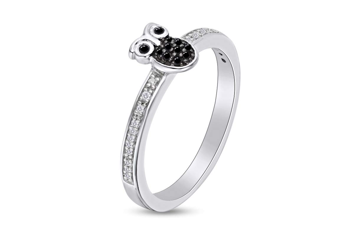 AFFY 1/10 Carat CTTW Round Cut Black And White Natural Diamond Owl Ring In 14K White Gold Over Sterling Silver (0.10 Cttw, I2-I3 Clarity)