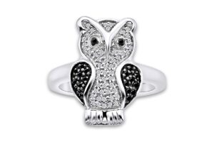 affy 1/4 carat round cut black and white natural diamond owl ring in 14k white gold over sterling silver (0.25 cttw, i2-i3 clarity) ring size-11