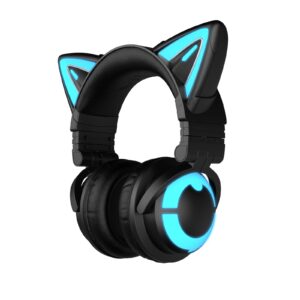 yowu rgb cat ear headphone 3g wireless 5.0 foldable gaming headset with 7.1 surround sound, built-in mic & customizable lighting and effect via app, type-c charging audio cable-black