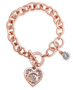 guess rose gold-tone round link chain bracelet with heart & logo charms