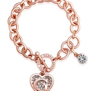 GUESS Rose Gold-Tone Round Link Chain Bracelet with Heart & Logo Charms