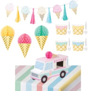 ice cream social party decorations bundle | centerpiece, hanging ice cream cones, banner, tablecover, and treat cups for 8 people | pastel celebrations design for birthdays, baby shower, sundae funday