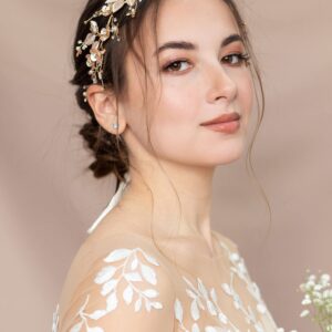 SWEETV Handmade Wedding Headpieces for Bride Hair Accessories Flower-Leaf Bridal Headband Rose Gold Wedding Hair Piece