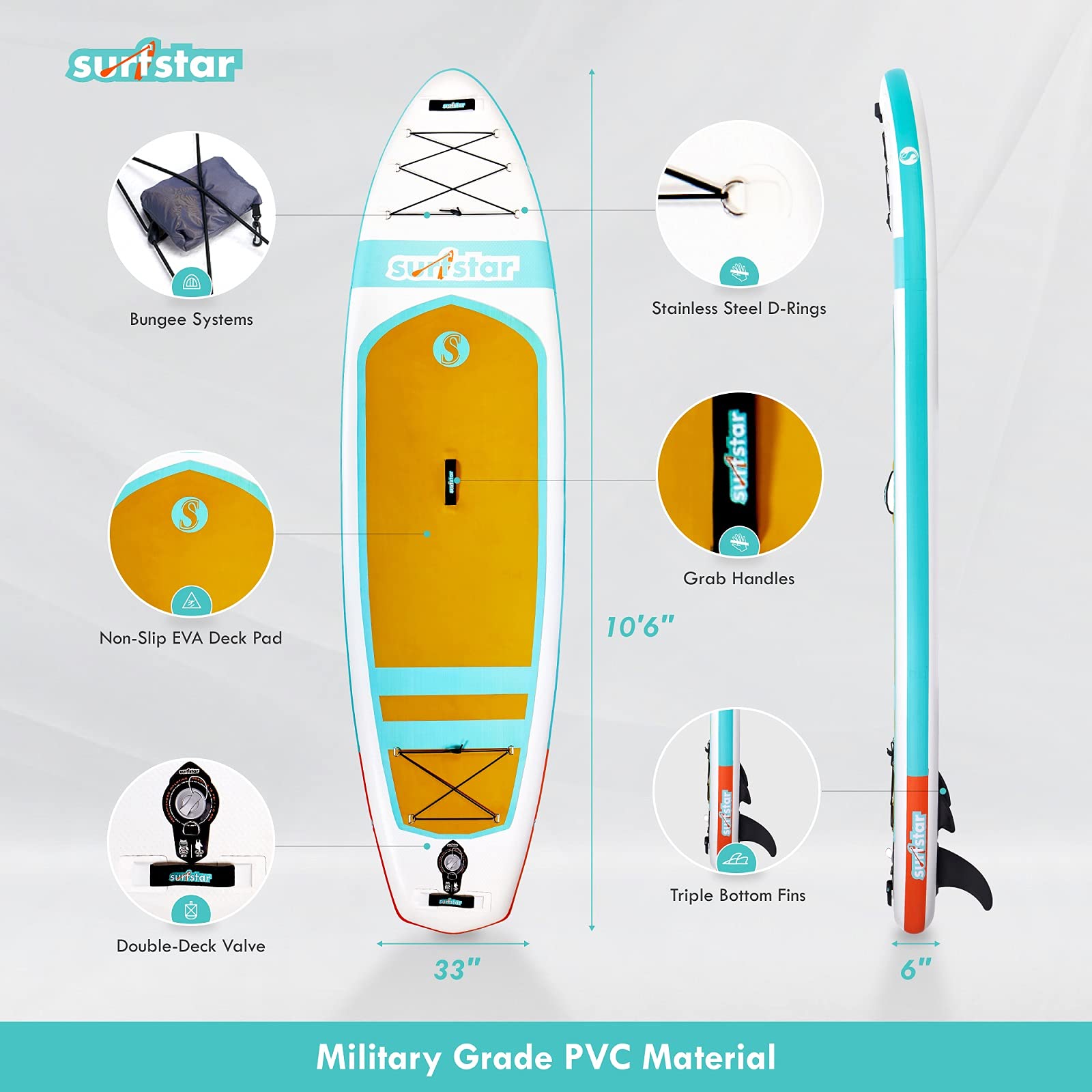 surfstar Inflatable Paddle Board, Stand Up Paddle Boards for Adults, 10’6’’x33’’x6” Paddleboard Lightweight SUP with Premium Ankle Leash, Paddle, Dual Action Pump, Backpack, Waterproof Bag and Fin