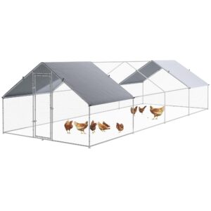 pawhut large chicken coop metal chicken run with waterproof and anti-uv cover, spire shaped walk in fence cage hen house for outdoor and yard farm use, 1.26" tube diameter, 9.8' x 26.2' x 6.4'