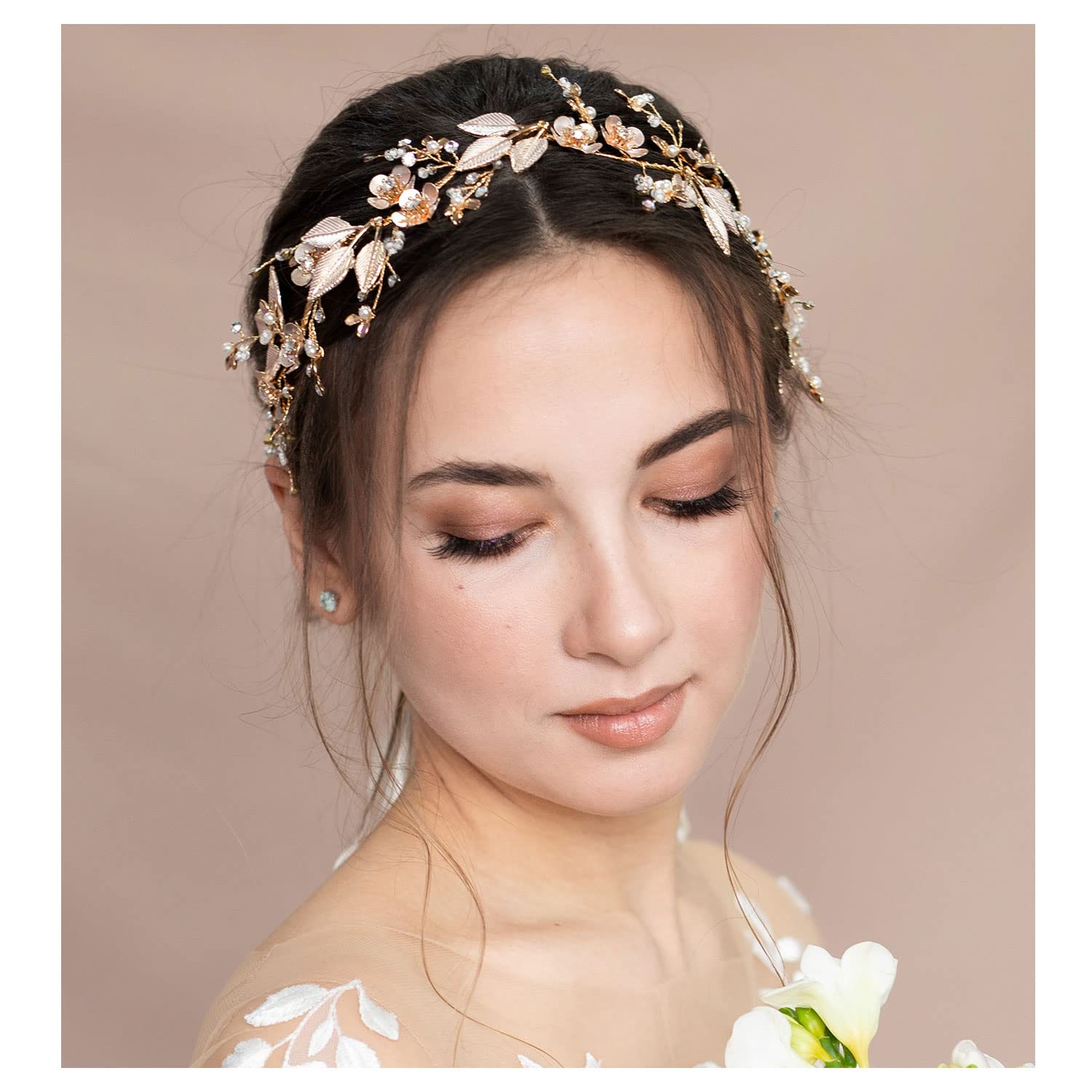 SWEETV Handmade Wedding Headpieces for Bride Hair Accessories Flower-Leaf Bridal Headband Rose Gold Wedding Hair Piece