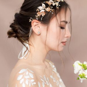 SWEETV Handmade Wedding Headpieces for Bride Hair Accessories Flower-Leaf Bridal Headband Rose Gold Wedding Hair Piece