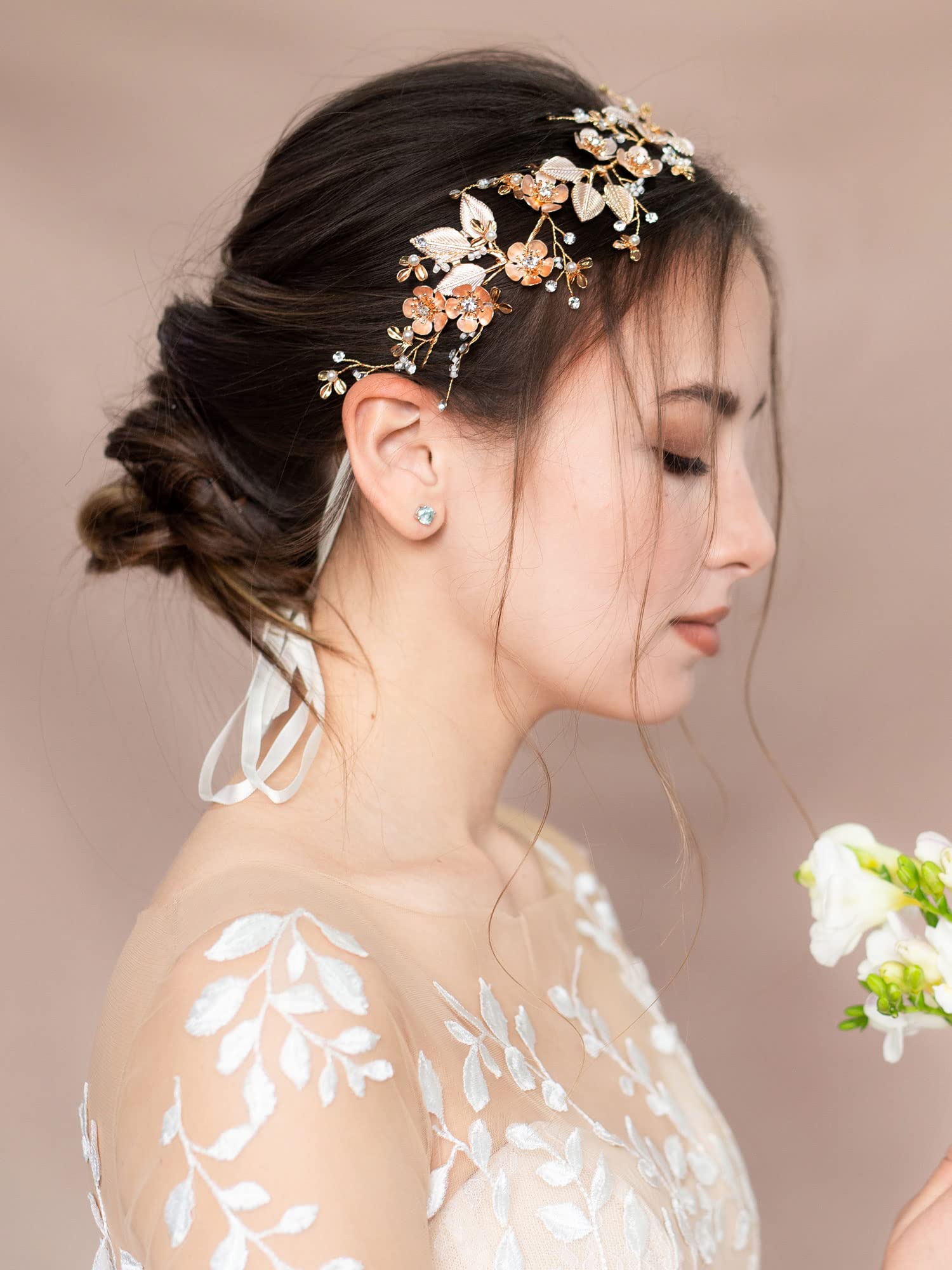 SWEETV Handmade Wedding Headpieces for Bride Hair Accessories Flower-Leaf Bridal Headband Rose Gold Wedding Hair Piece