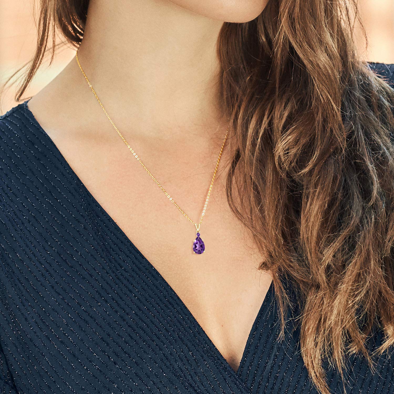 Gem Stone King 18K Yellow Gold Plated Silver Purple Amethyst Pendant Necklace For Women | 2.36 Cttw | Pear Shape 12X8MM | with 18 Inch Silver Chain