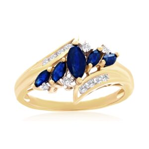 lexi and rose 14k yellow gold, marquise cut blue sapphire & 1/10 cttw diamonds channel set bypass engagement ring (i-j color, i2-i3 clarity) - size 7