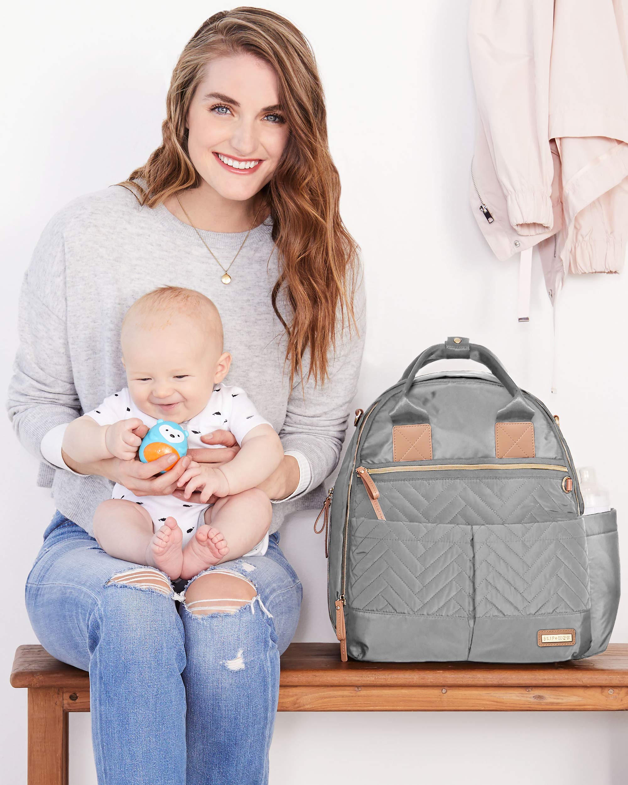 Skip Hop Diaper Bag Backpack: Suite 6-in-1 Diaper Backpack Set, Multi-Function Baby Travel Bag with Changing Pad, Stroller Straps, Bottle Bag and Pacifier Pocket, Dove Grey