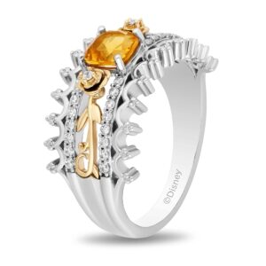 Jewelili Enchanted Disney Fine Jewelry Sterling Silver and 10K Yellow Gold with Citrine and 1/4 CTTW Diamond Belle 30th Anniversary Ring Size 7