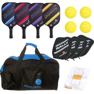 rally px graphite pickleball paddle set for 4 players (4 paddles (1 each color), 4 outdoor pickleballs, 4 paddle covers, duffel, rules/strategy guide)