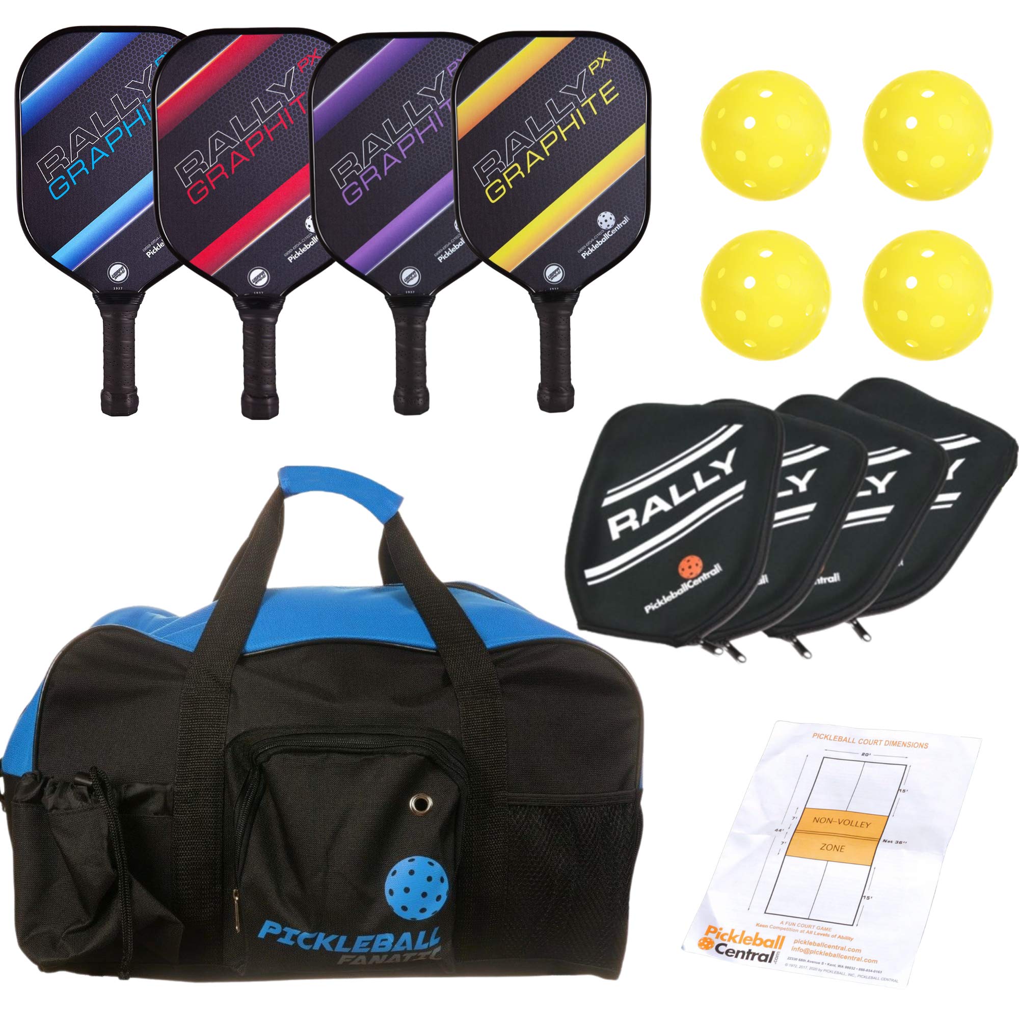 Rally PX Graphite Pickleball Paddle Set for 4 Players (4 Paddles (1 Each Color), 4 Outdoor Pickleballs, 4 Paddle Covers, Duffel, Rules/Strategy Guide)